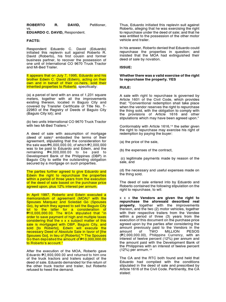 Roberto R. David, EDUARDO C. DAVID, Respondent. Facts | PDF | Mortgage ...