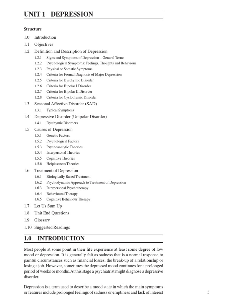 Unit 1 Depression: Structure | PDF | Major Depressive Disorder | Mood ...