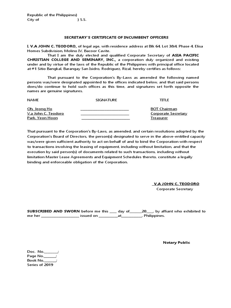 Secretary Certificate of Incumbent Officers | PDF