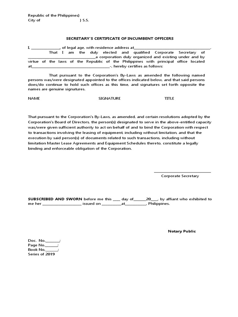 Secretary Certificate of Incumbent Officers Blank | PDF