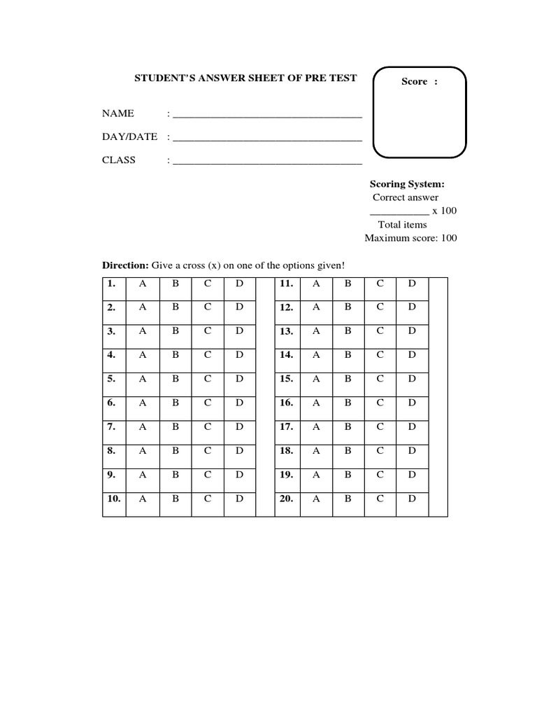 Student Pre-Test Answer Sheet Template | PDF