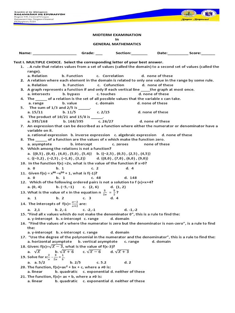Mathematics Grade 11 Midterm Examination | PDF | Function (Mathematics ...