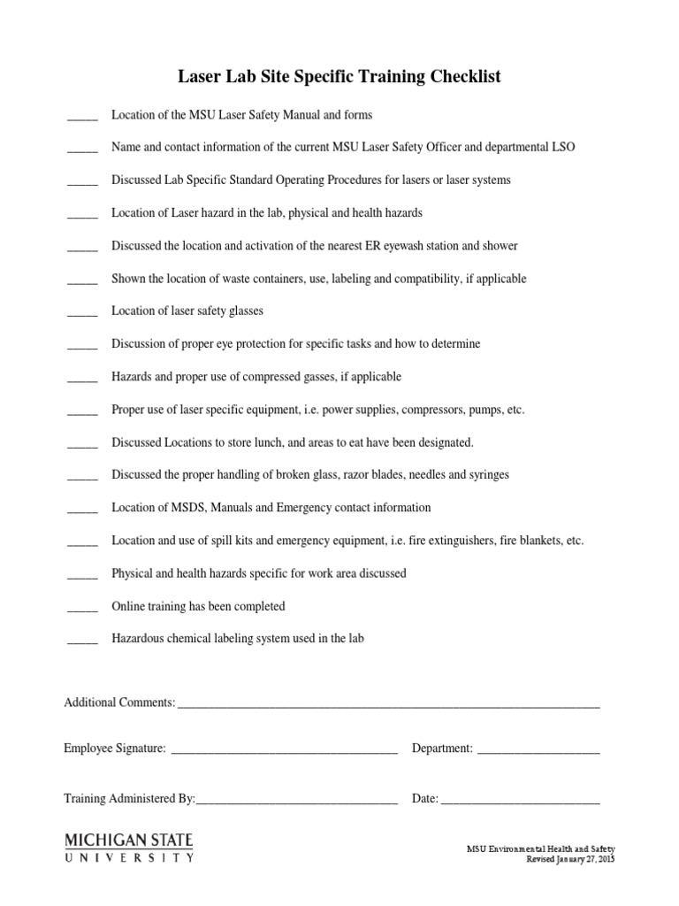 Laser Site Specific Training Checklist | PDF