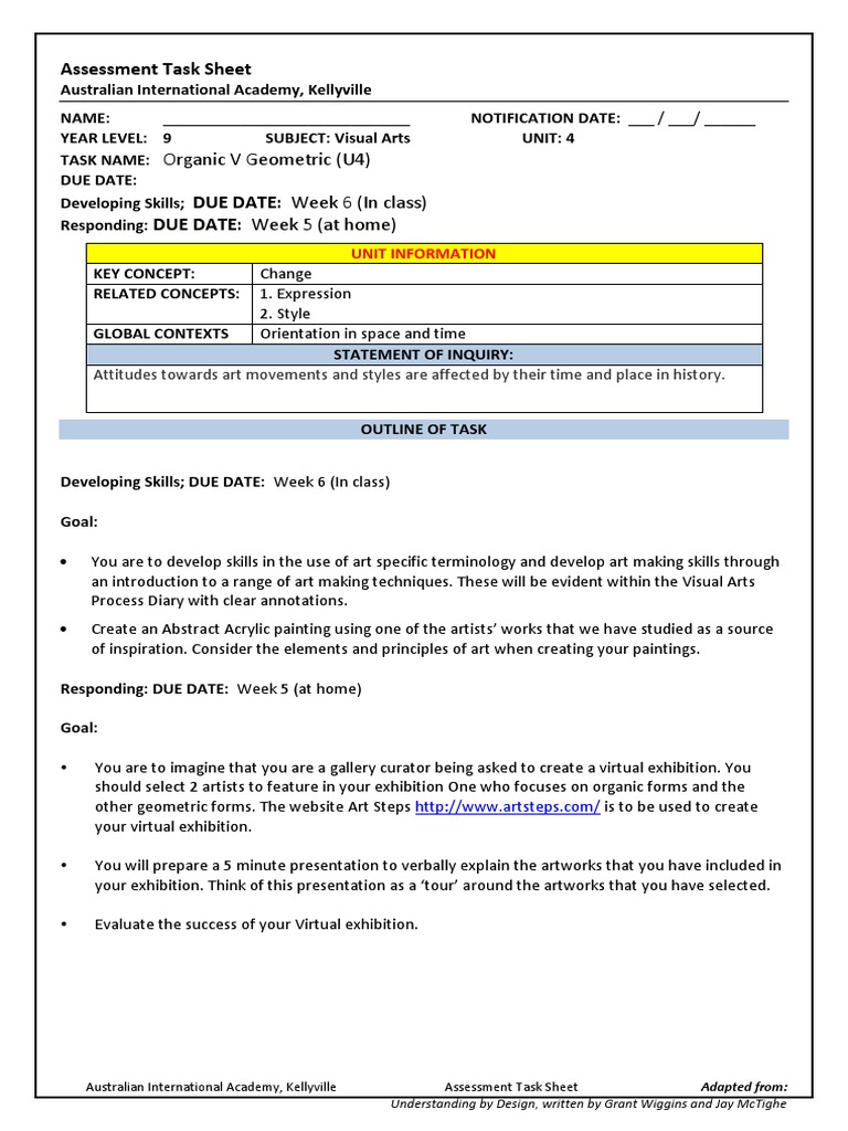 Visual Arts Assessment Task Sheet | PDF | Paintings | Design