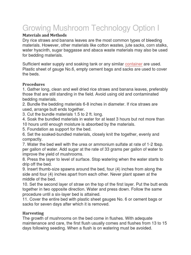 Growing Mushroom Technology Option I: Materials and Methods | PDF ...