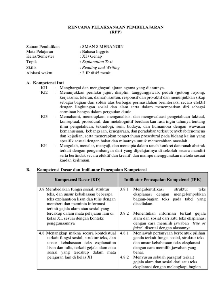 RPP Explanation Text Lengkap | PDF | Seni & Disiplin Bahasa