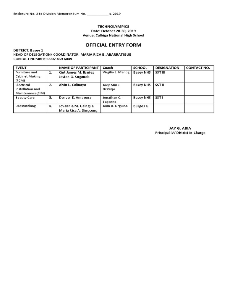 Technolympics 2019 Entry Form | PDF