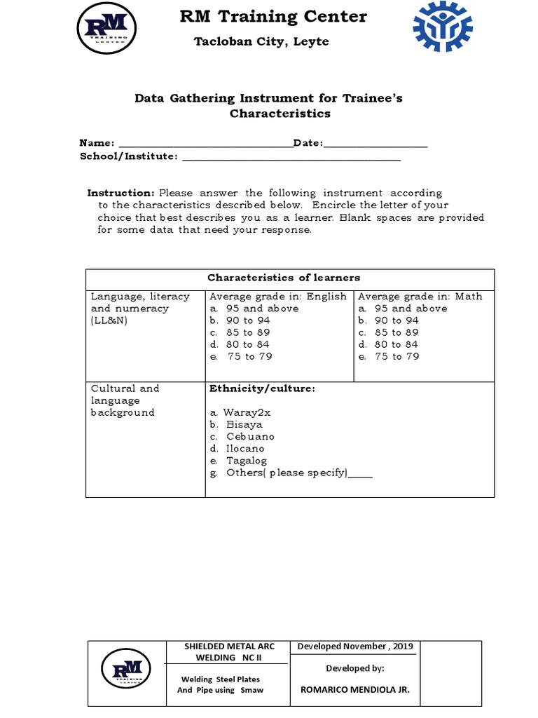 Data Gathering Instrument For Trainee | PDF | Welding | Construction