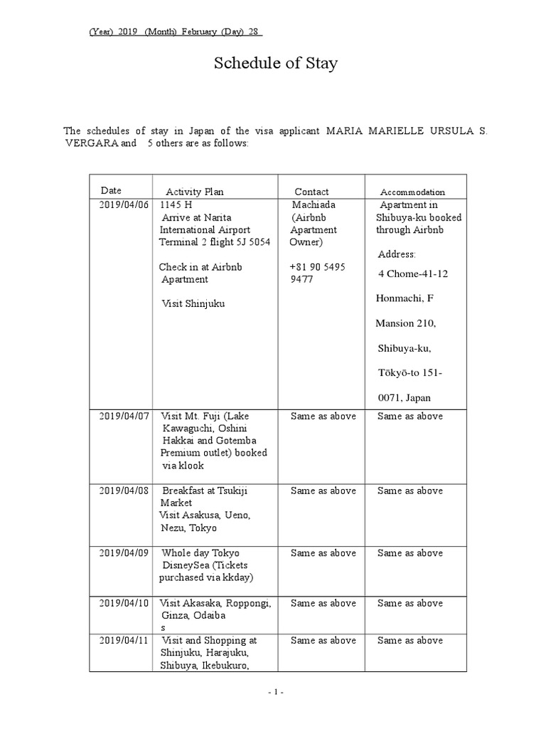 Schedule of Stay in Japan | PDF