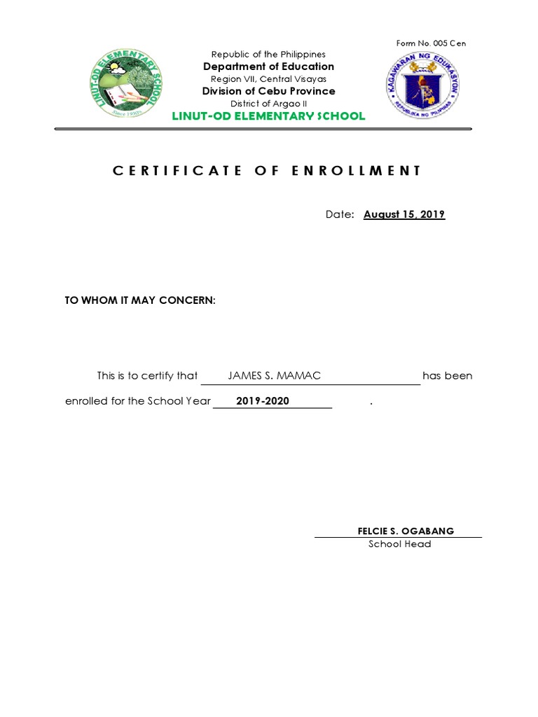 Certificate of Enrollment: Linut-Od Elementary School | PDF