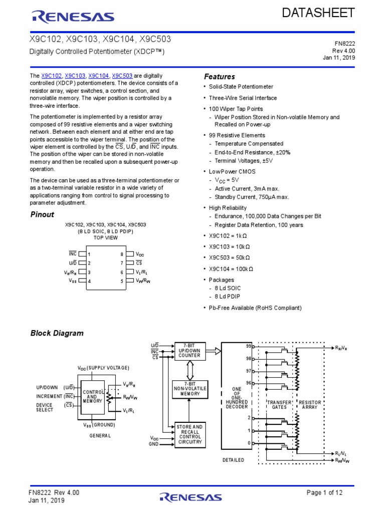 X9C102, X9C103, X9C104, X9C503: Features | Resistor | Switch