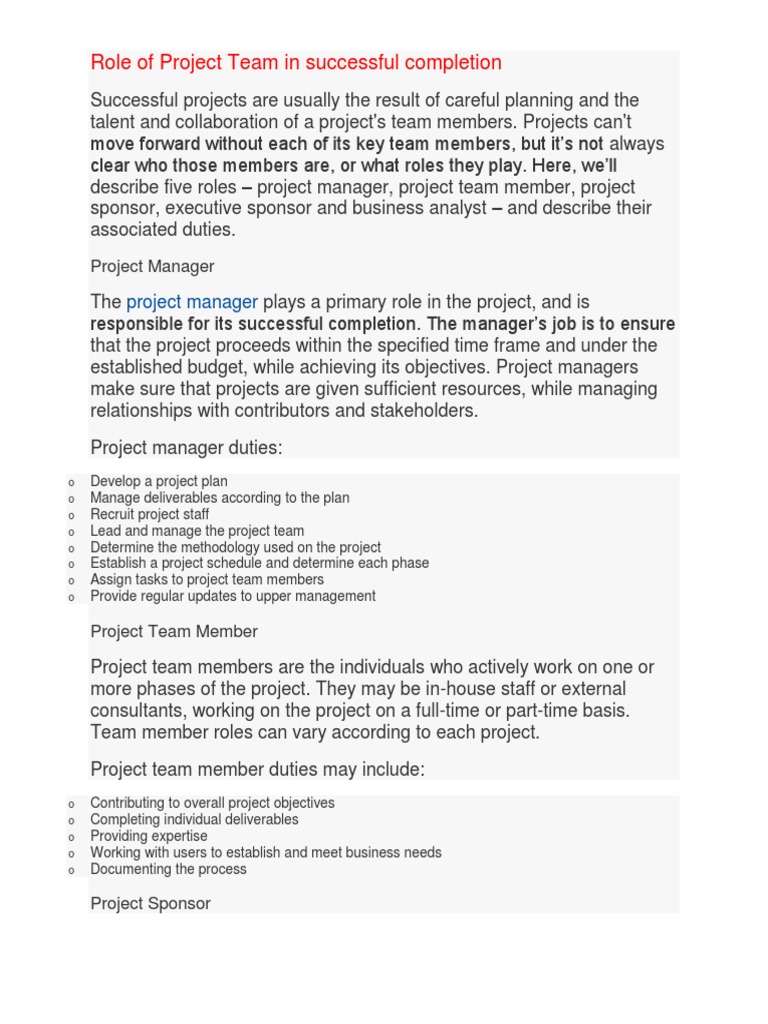 Role of Project Team in Successful Completion | PDF | Project Finance ...