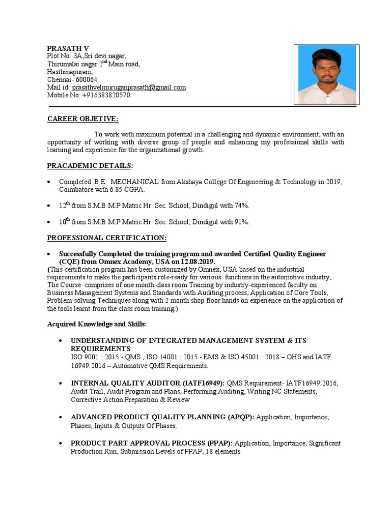 Prasath - Mechanical Engineer - Resume PDF | PDF | Quality Management ...
