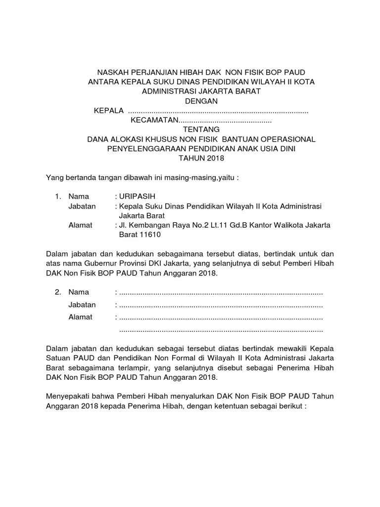 Naskah Perjanjian Hibah Dak Non Fisik Bop Paud (NPHD) Sudin & Lembaga | PDF