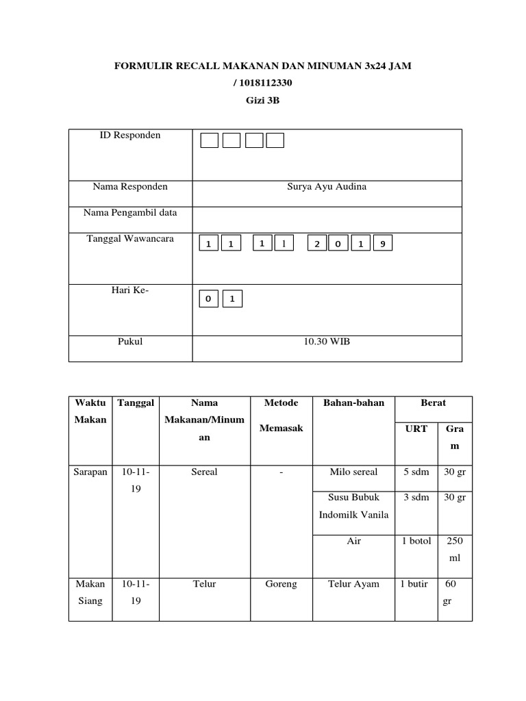 Formulir Recall Makanan Dan Minuman 3x24 Jam | PDF