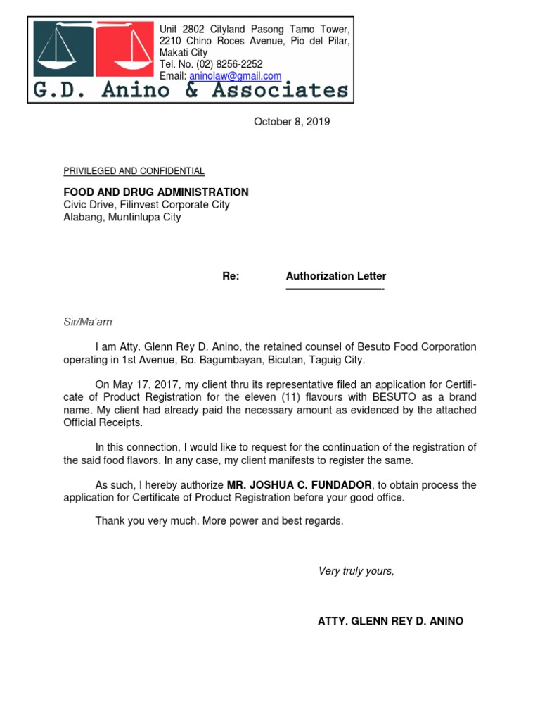 Authorization Letter New - Joshua (FDA) | PDF