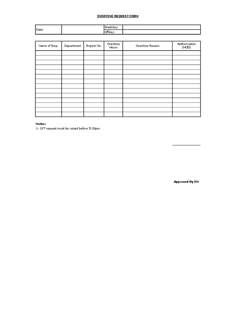 Date: Weekday: Offday:: Overtime Request Form | PDF