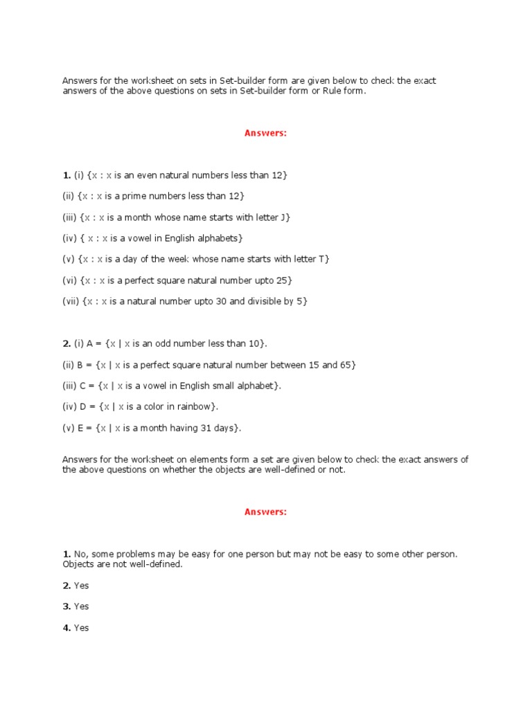 Answers For The Worksheet On Sets in Set | Download Free PDF | Alphabet ...