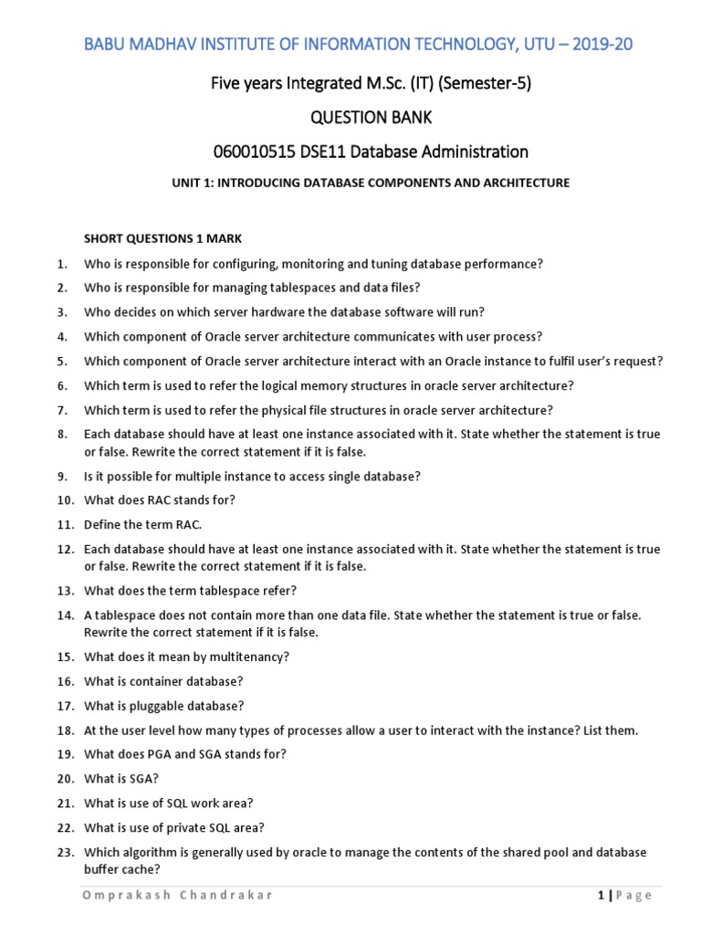 Question Bank Unit 1 | PDF | Databases | Server (Computing)