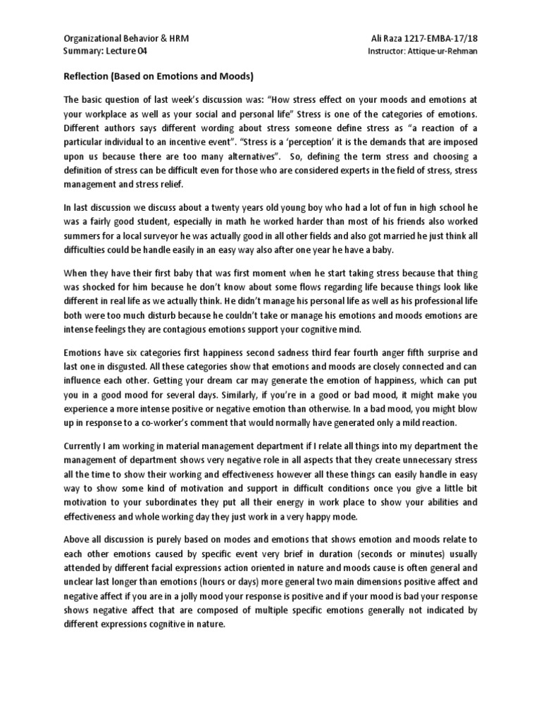 Reflection Notes Emotions and Moods | PDF | Mood (Psychology) | Mental ...