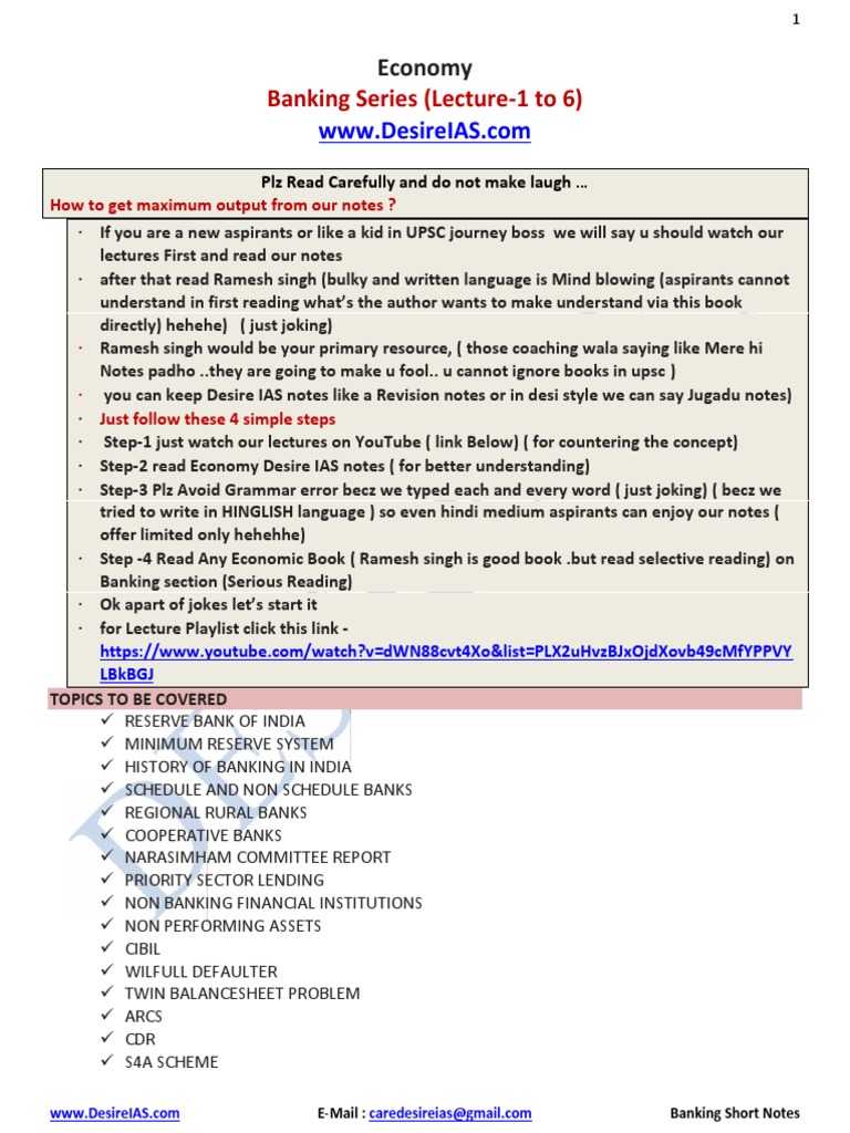 Banking Series Notes for UPSC Aspirants | PDF | Reserve Bank Of India ...