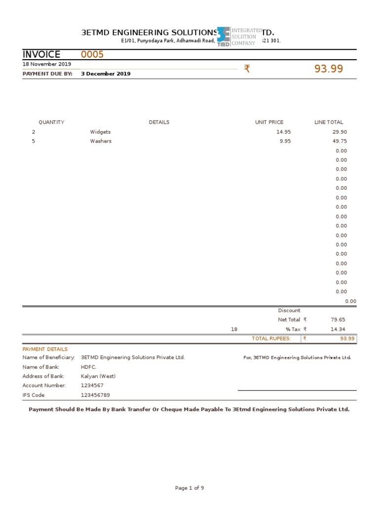 Invoice: 3etmd Engineering Solutions Private LTD | PDF | Invoice | Payments