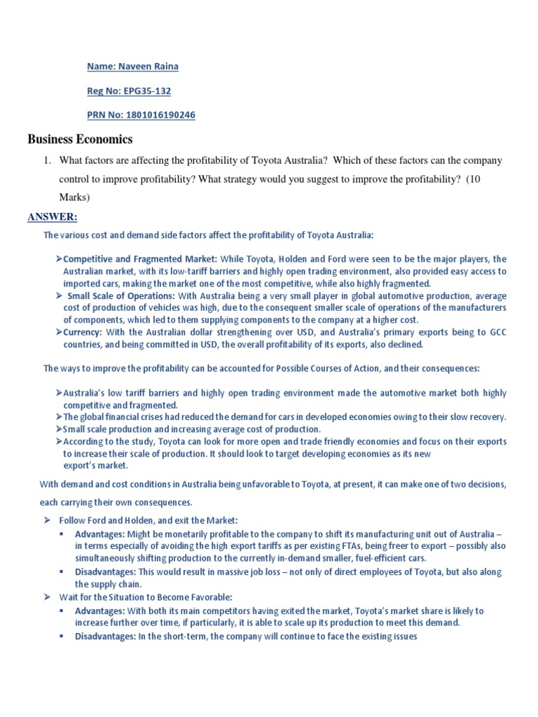 Profitability Factors for Toyota Australia | PDF | Toyota | Exports
