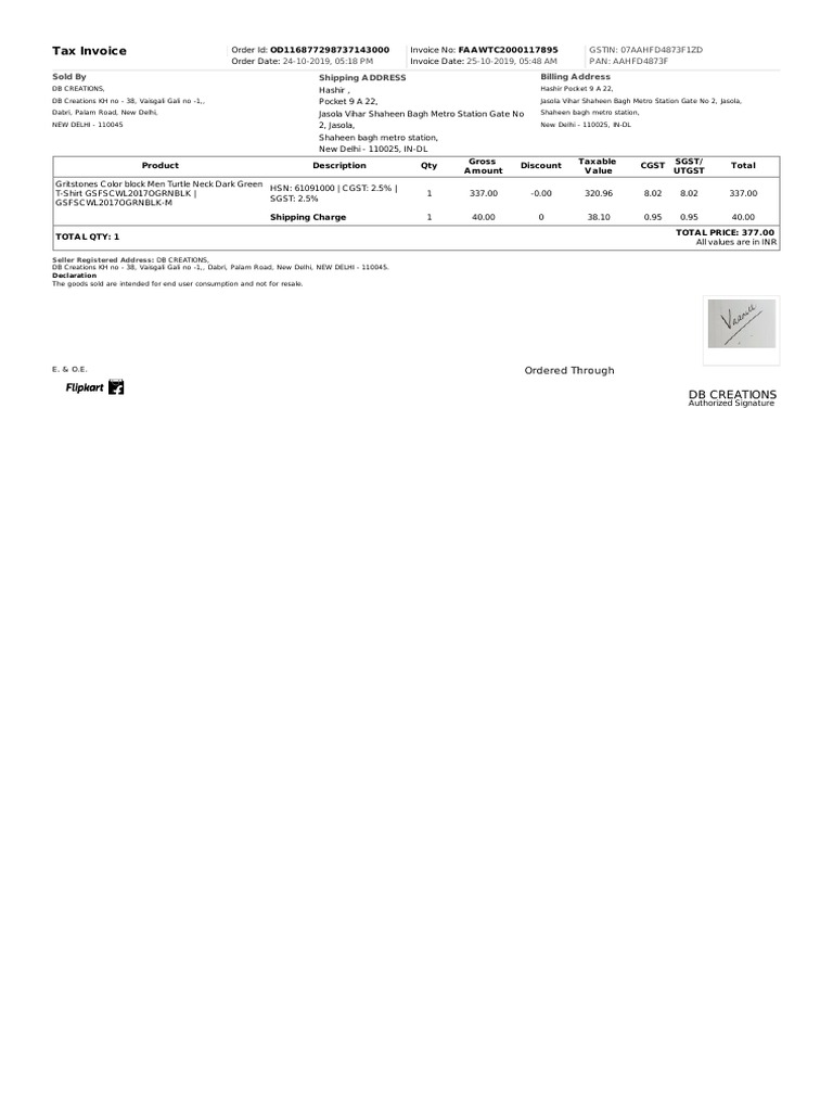 Tax Invoice: Product Description Qty Gross A Mount Discount Taxable V ...