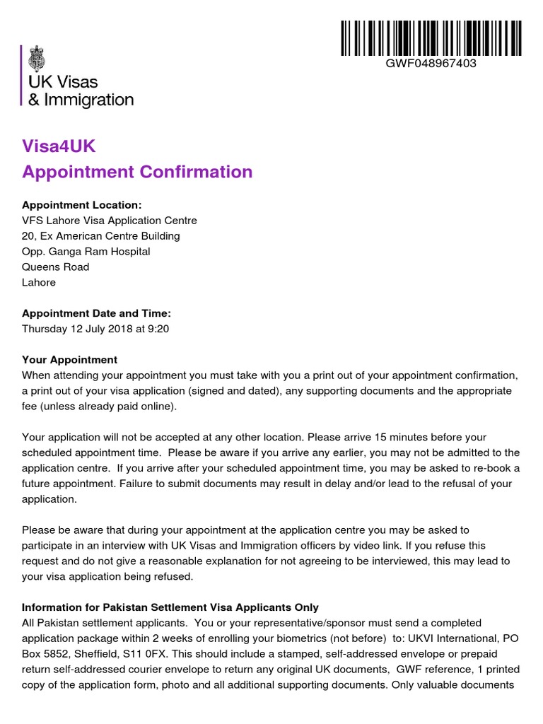 Appointment Confirmation For GWFGWF048967403 PDF | PDF | Travel Visa ...