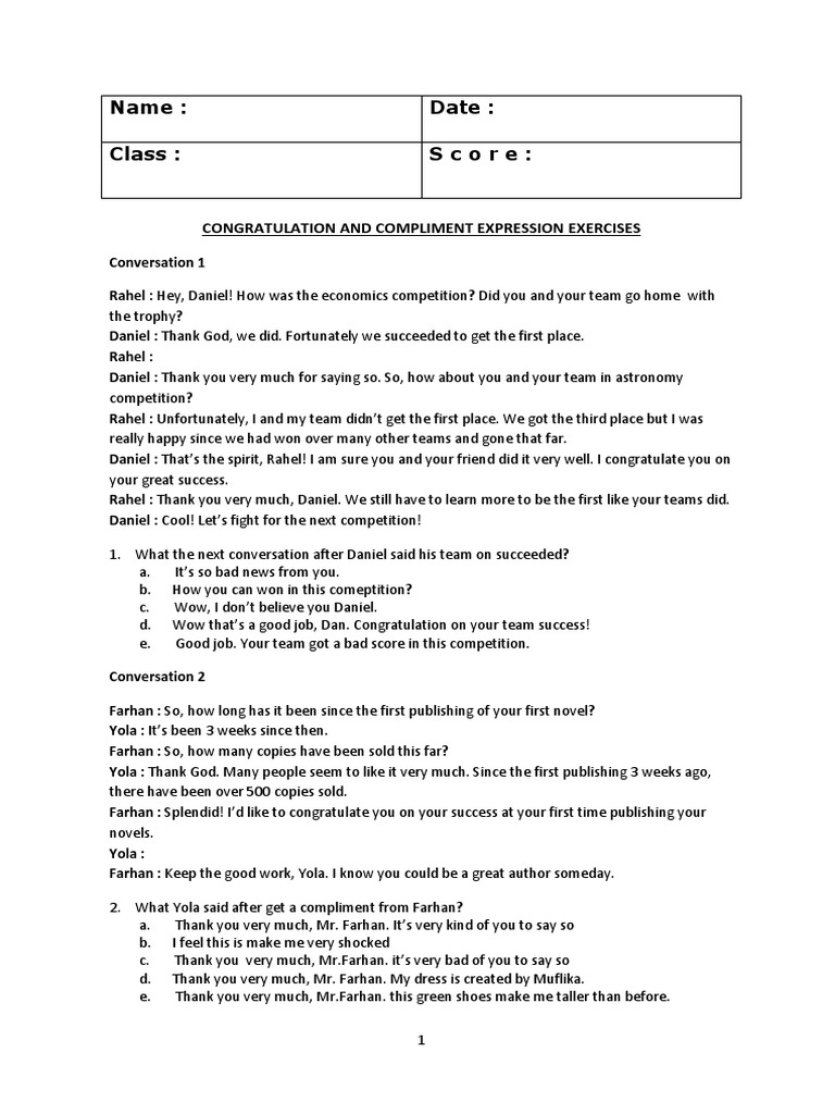 Soal Congratulation and Compliment Expression | PDF