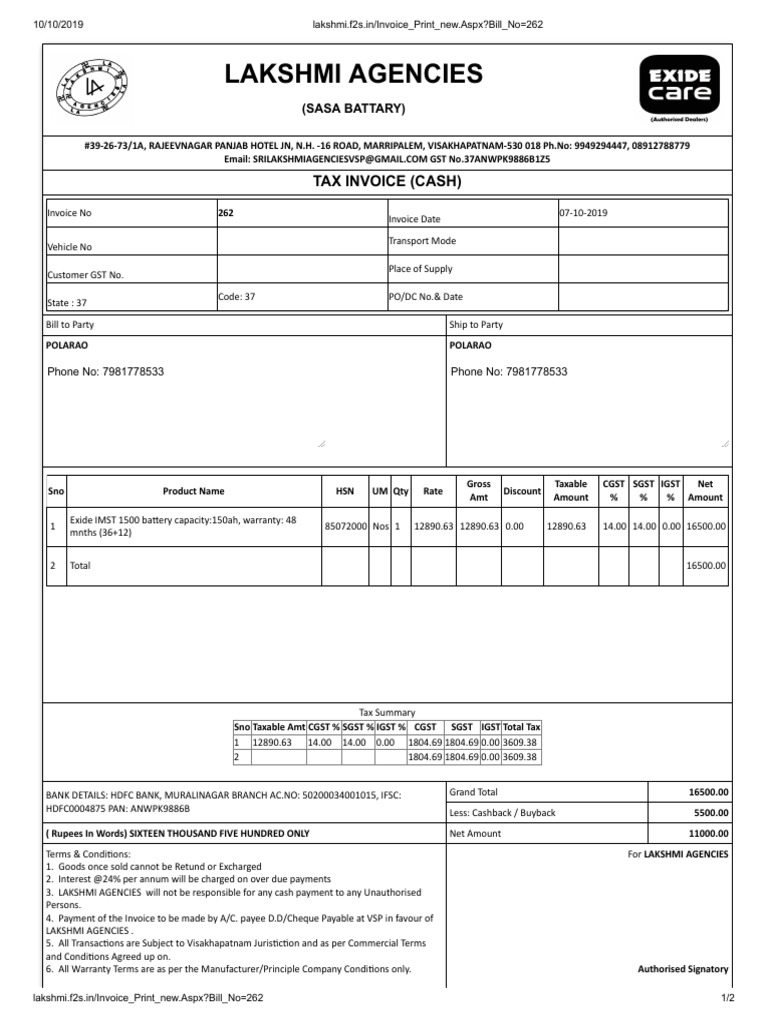 Lakshmi Agencies: Tax Invoice (Cash) | PDF | Invoice | Payments