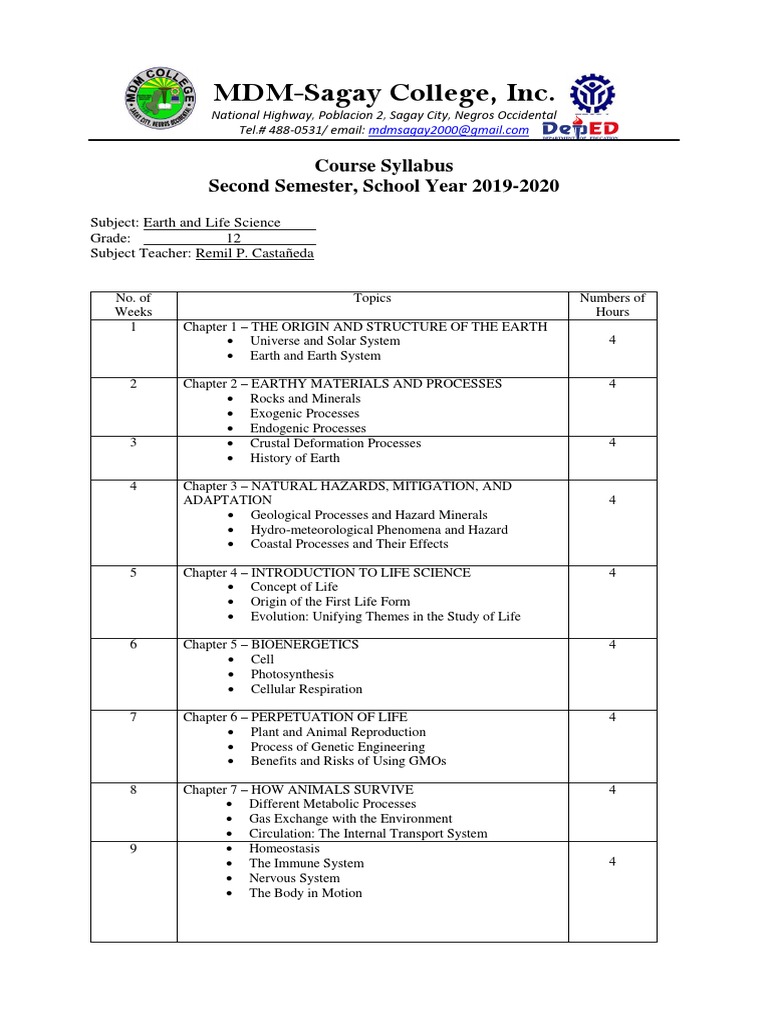 Earth and Life Science Syllabus | PDF | Life | Biology