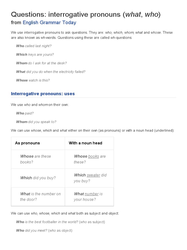 Exercise - Questions - Interrogative Pronouns (What, Who) - English ...