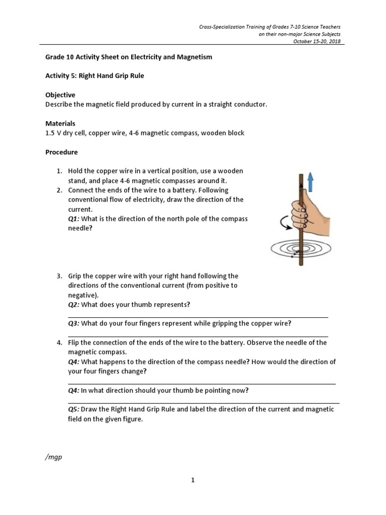 Grade 10 Activity Sheet On Electricity and Magnetism Activity 5: Right ...
