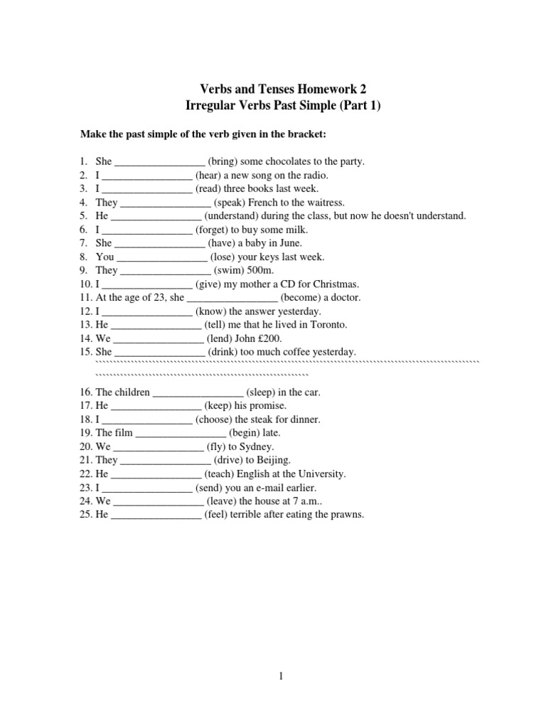 6 Verbs and Tenses Worksheet Homework 1 | PDF