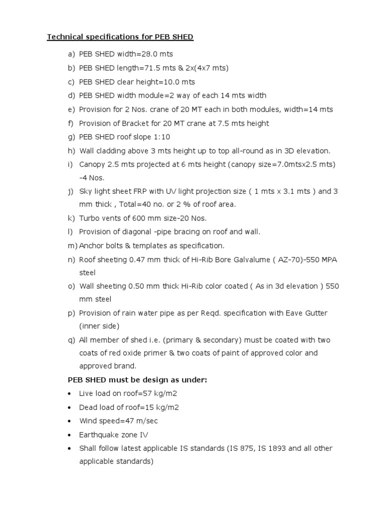 PEB Shed Specifications | PDF