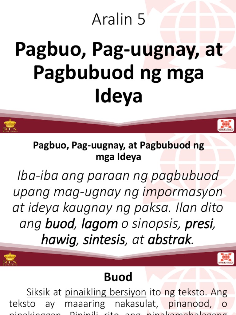 Aralin 5 Pagbuo Pag-Uugnay at Pagbubuod NG Mga Ideya Autosaved | PDF