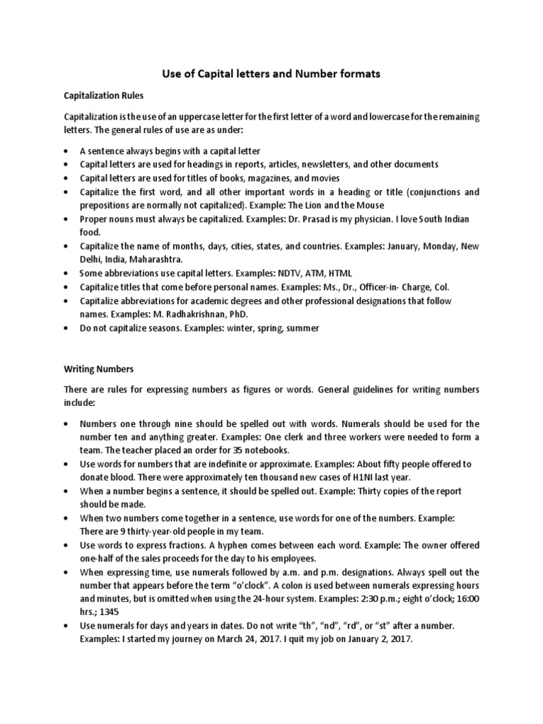 Use of Capital Letters and Number Formats: Capitalization Rules | PDF ...