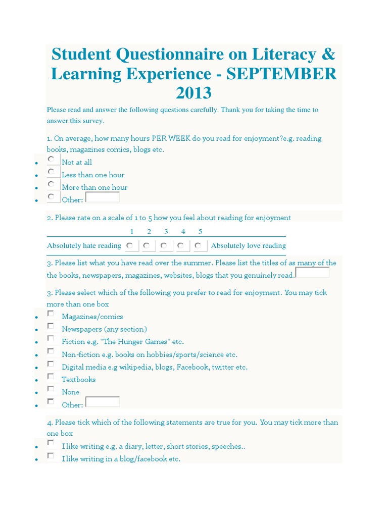 Appendix 1 Student Questionnaire On Literacy | PDF | Books | Blog