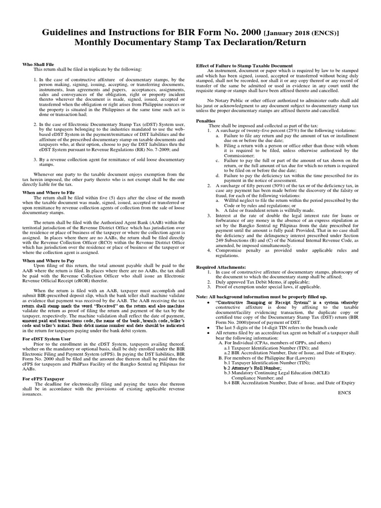 Guidelines and Instructions For BIR Form No. 2000 Monthly Documentary ...
