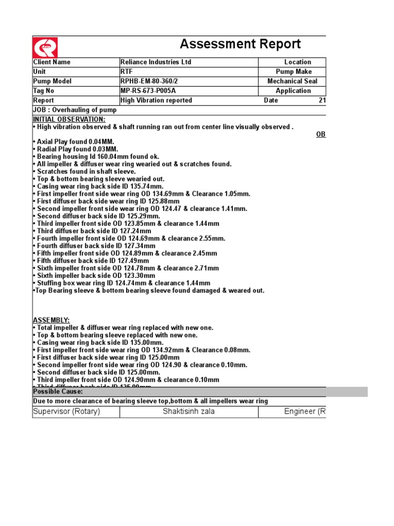 Pump Overhauling and Vibration Report | PDF | Hydraulics | Pump