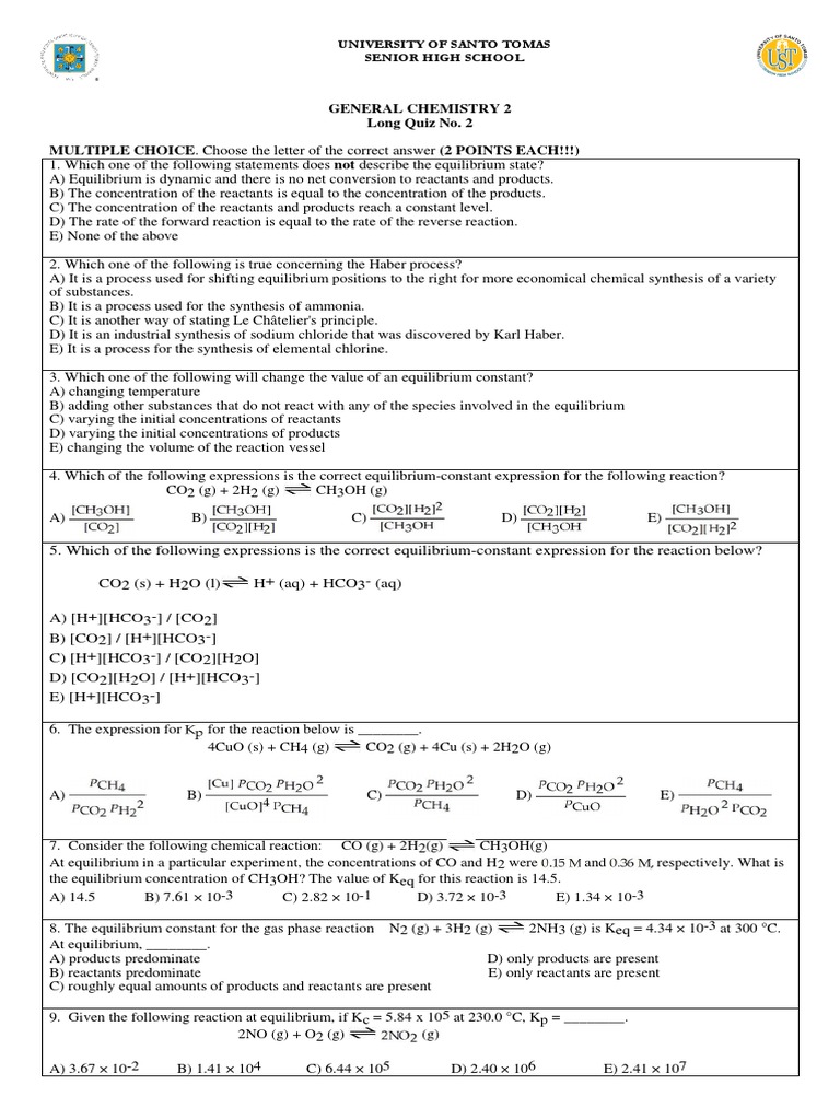 CHEM2 Long Quiz 2 | PDF | Chemical Equilibrium | Materials