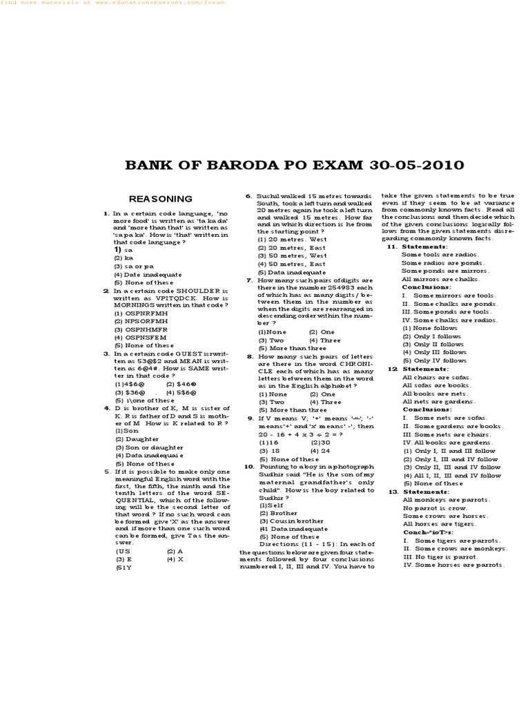 BANK OF BARODA PO EXAM 30 05 2010 Question Paper PDF | PDF | Credit ...
