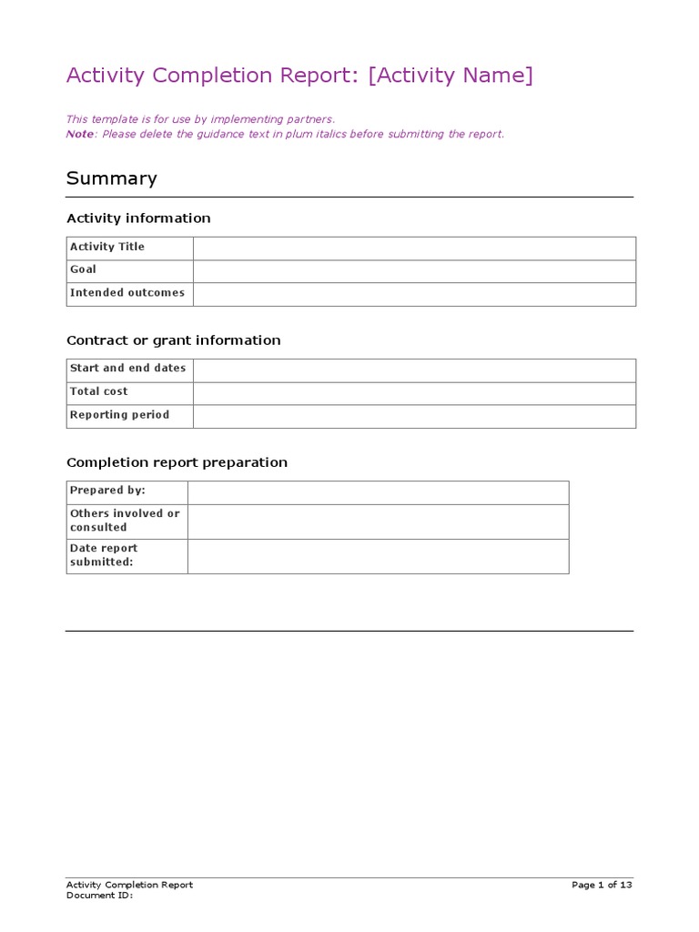Activity Completion Report Template | PDF | Risk Management | Capacity ...