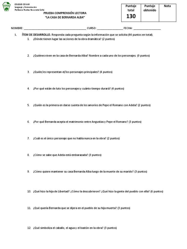 Prueba La Casa de Bernarda Alba | PDF