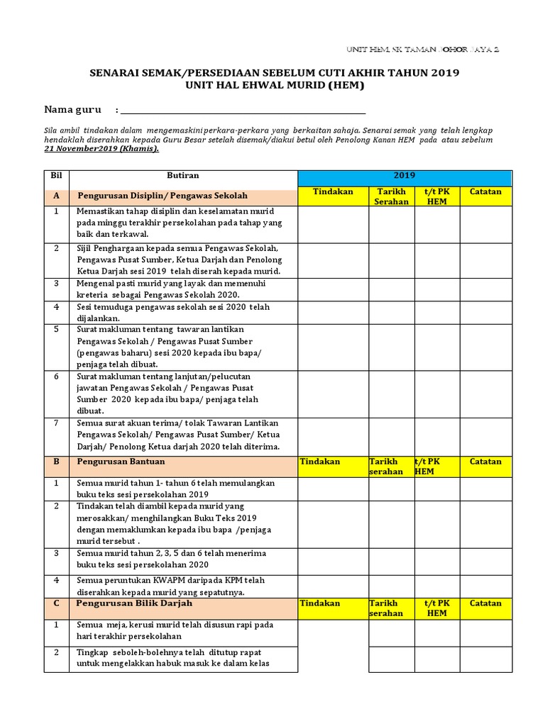 Senarai Semak Unit HEM 2019 | PDF