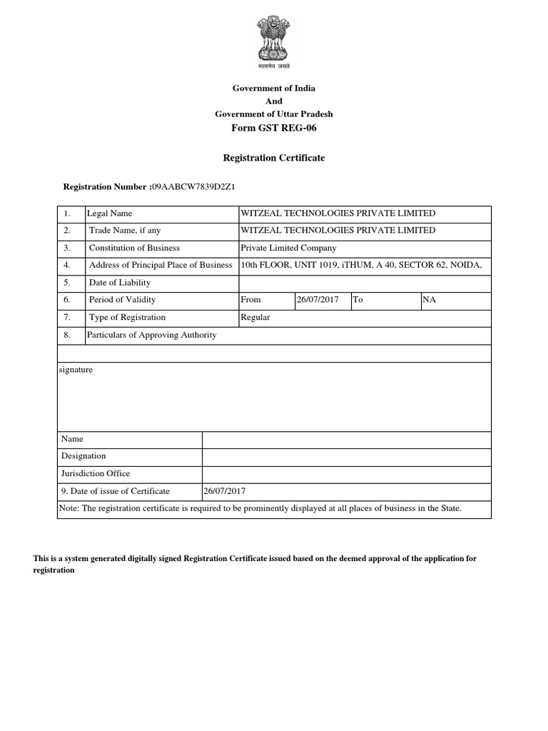 Government of India and Government of Uttar Pradesh: Form GST REG-06 ...