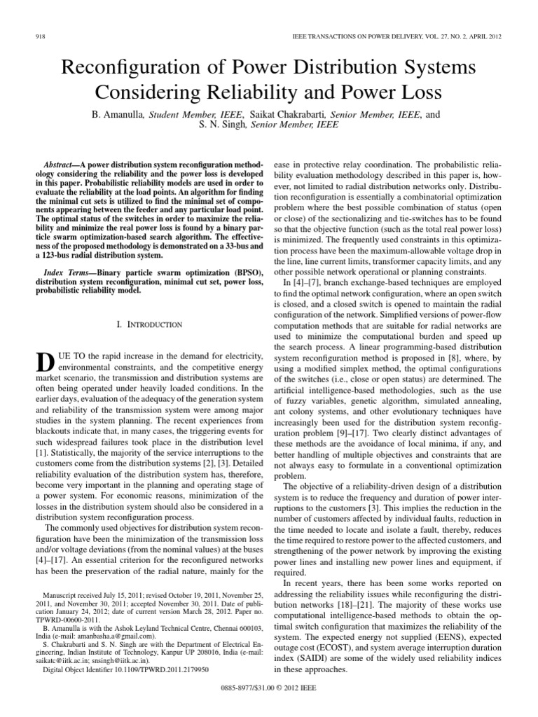 Reconfiguration of Power Distribution Systems Considering Reliability ...
