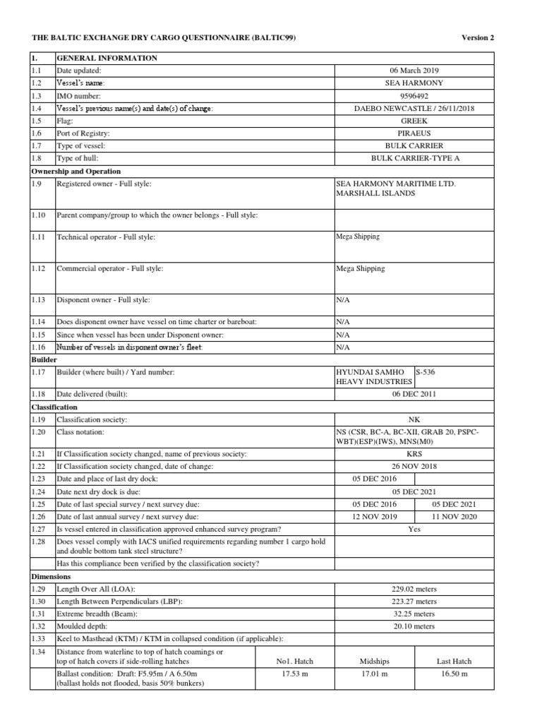 Baltic Questionaire Nov 19 | PDF | Tonnage | Crane (Machine)