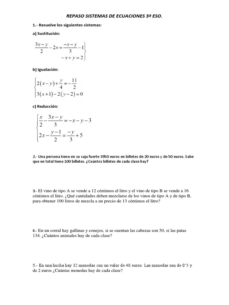 Repaso Sistemas de Ecuaciones 3º Eso | PDF